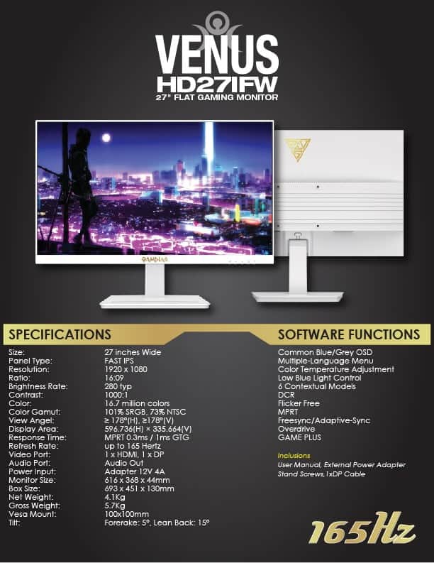 Netcodex.ph: Gamdias Venus HD27IFW 27″ IPS FHD 165hz 1ms White Gaming ...